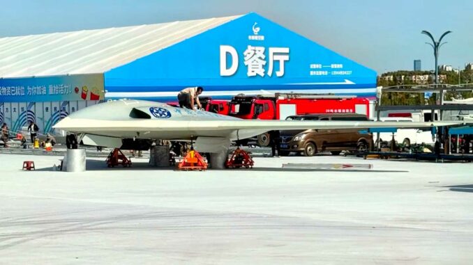 A Chinese twin-engine flying wing drone is unveiled in Changchun